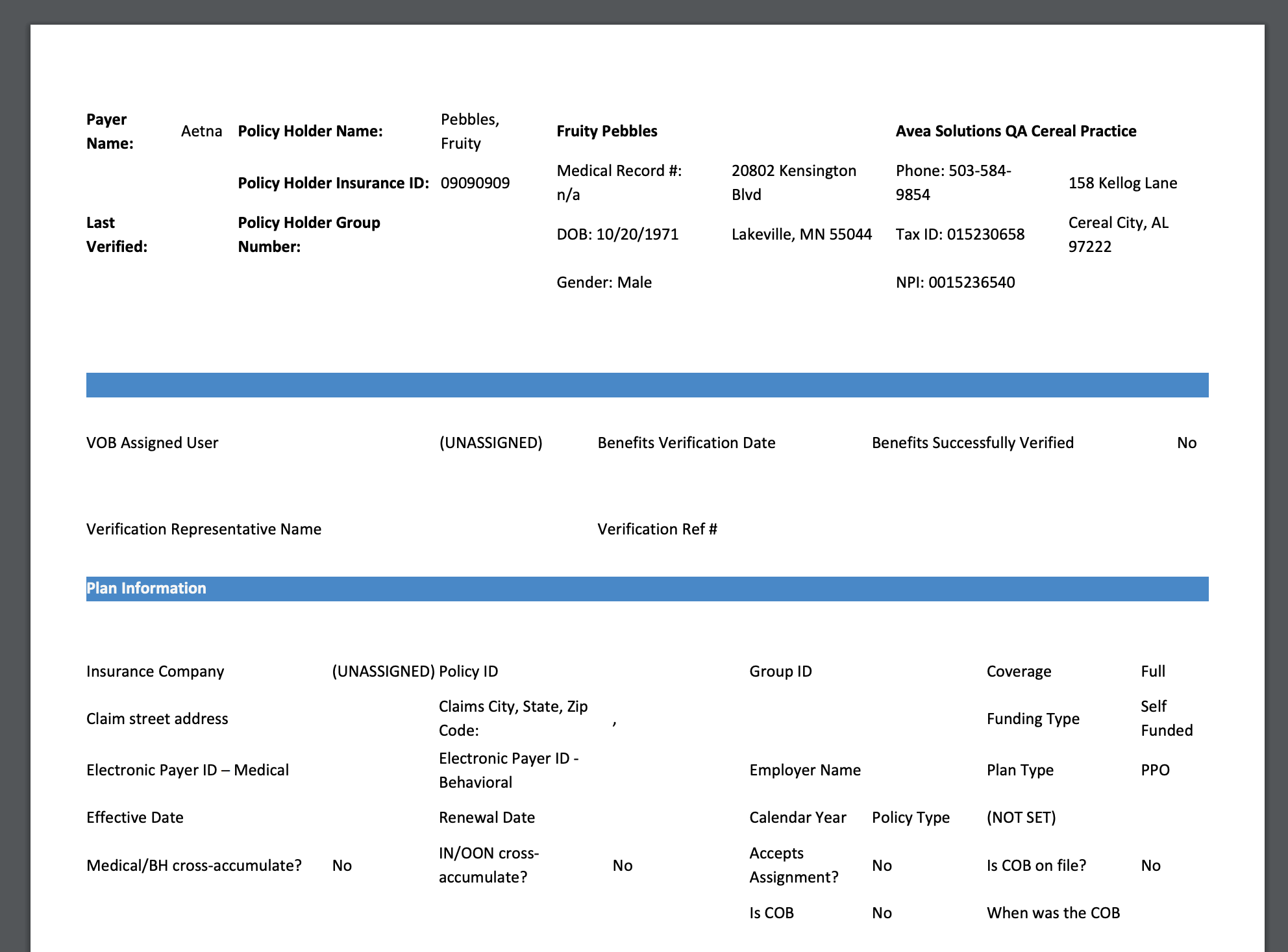 Verification of Benefits (VOB) – Avea